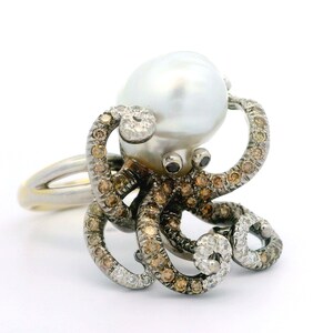 18k White & Blackened Gold Pearl and Fancy Diamond Octopus Squid ...