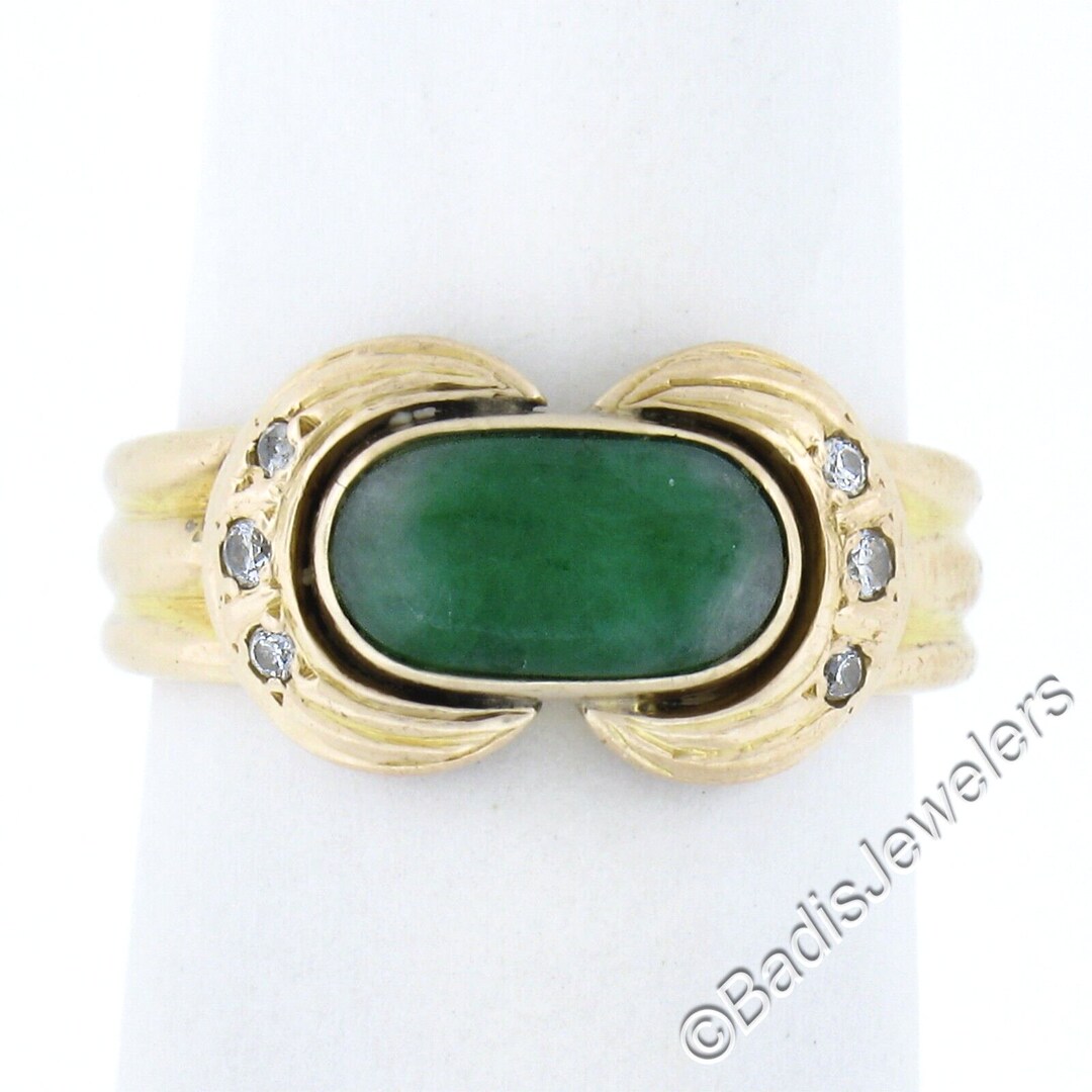 Vintage Petite 14K Yellow Gold Oval Cabochon Green Jade & Round ...
