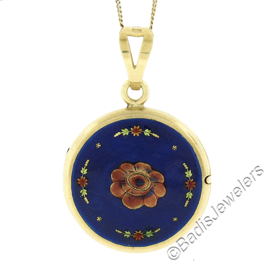 Vintage 18k Yellow Gold Enamel Flower Round Open Locket Pendant & 18.5 ...