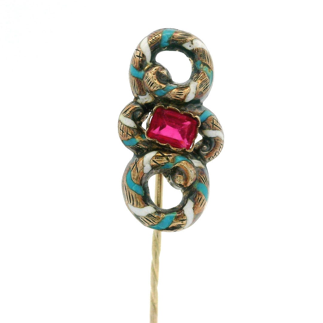 Antique Victorian Solid Gold Red Stone W/ Enamel Work Coiled Snake ...
