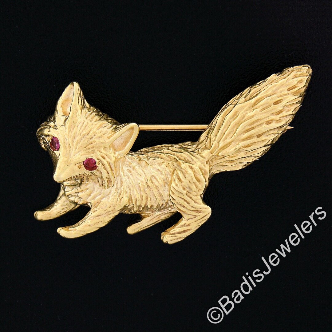 Vintage 14K Yellow Gold Detailed Textured Cute Fox W/ 0.04ctw Round ...