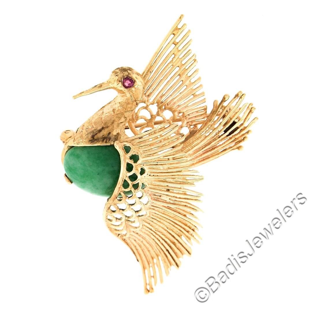 Vintage 18k Yellow Gold Oval Cabochon Prong Set Jade & Ruby Detailed ...