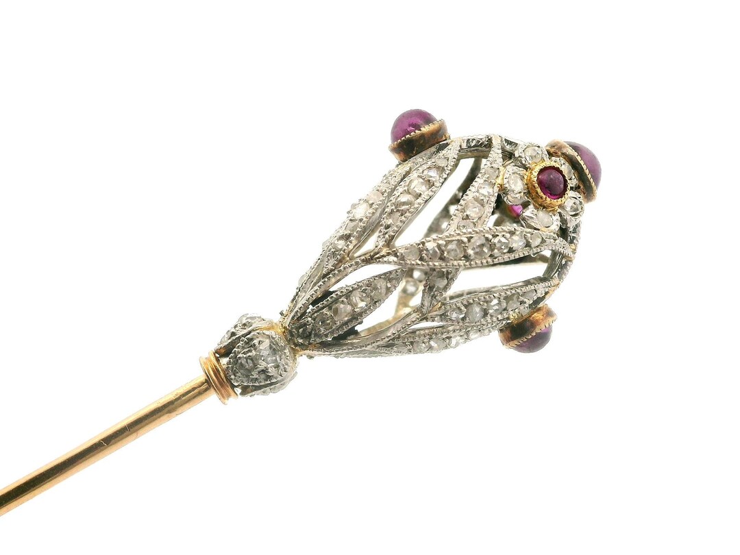Antique Edwardian French 18k Yellow Gold Platinum Ruby Diamond Hat Pin ...