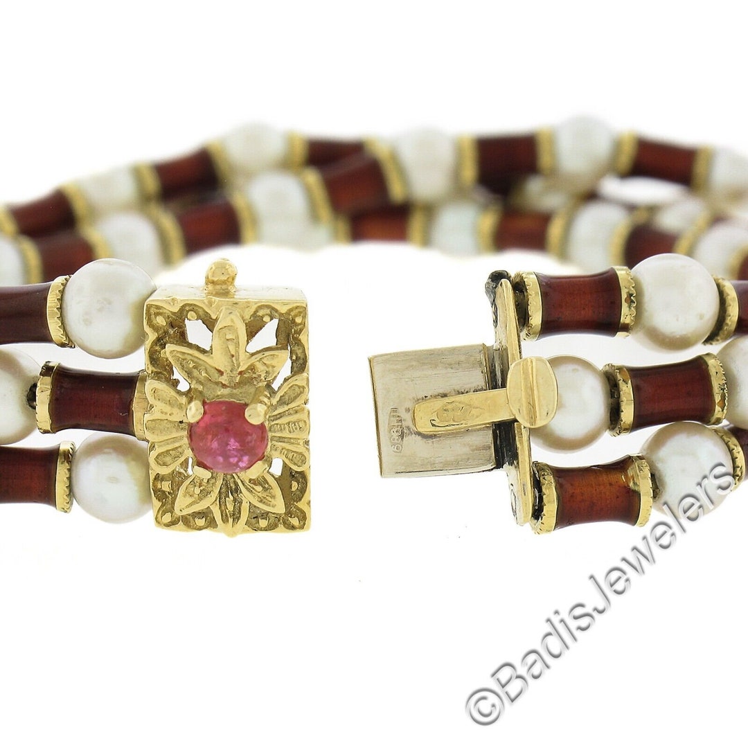 Vintage 18K Yellow Gold Red Enamel 5mm Pearl & Cabochon Ruby Floral ...