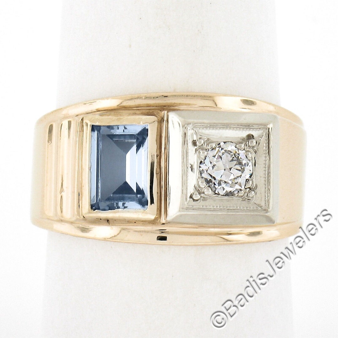 Men's Vintage Retro 14K Yellow Gold Rectangular Step Cut Blue Stone & 0 ...
