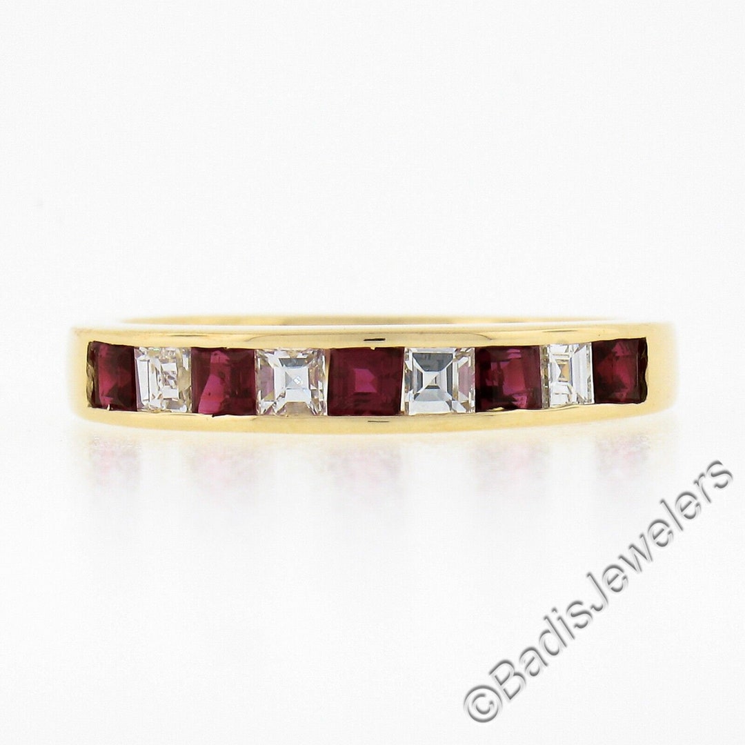 Estate 18K Yellow Gold 0.88ctw Alternating Square Step Cut Ruby & Diamond Channel Set Stackable ...