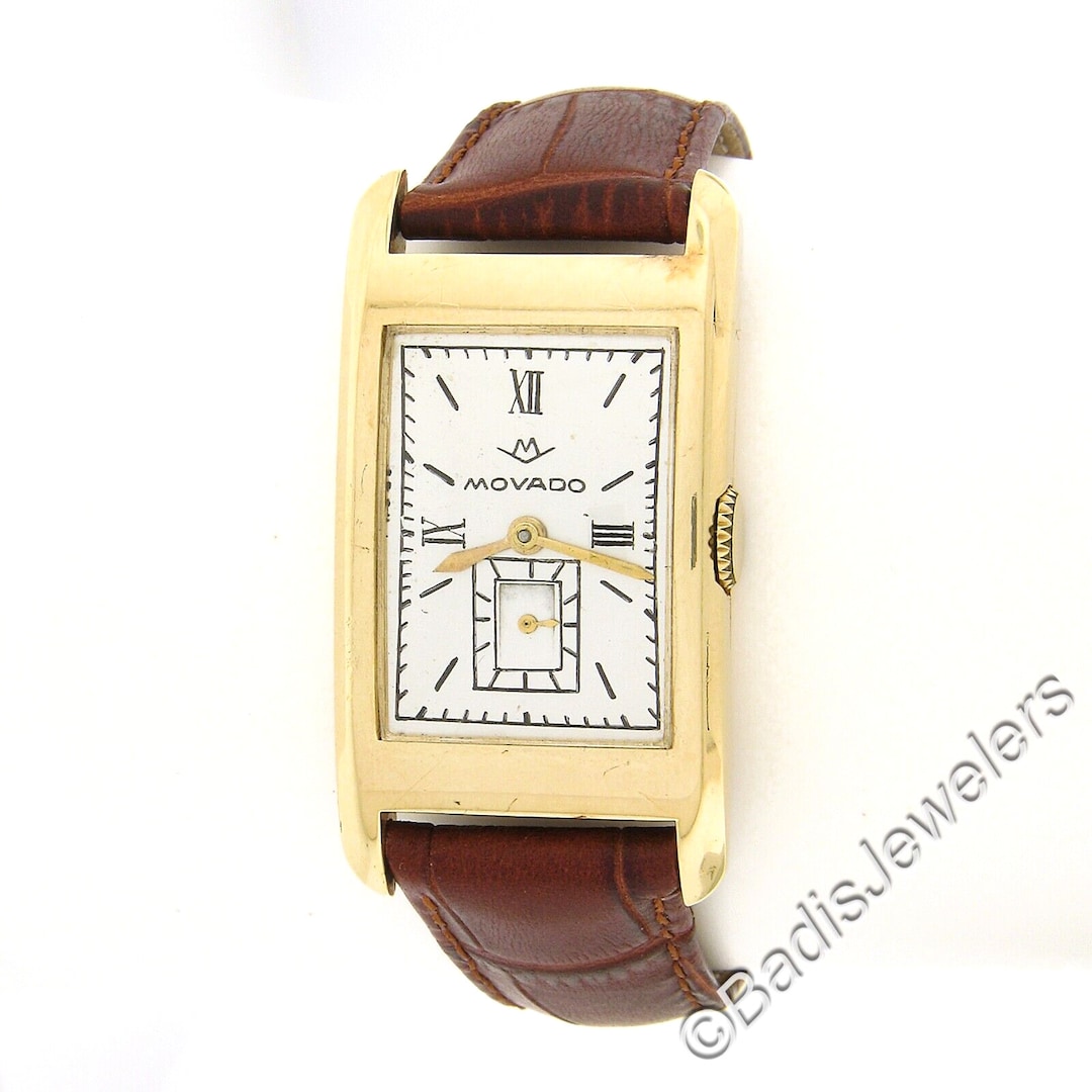 Vintage Movado 14k Yellow Gold Rectangular Curved Mechanical Wind Watch ...