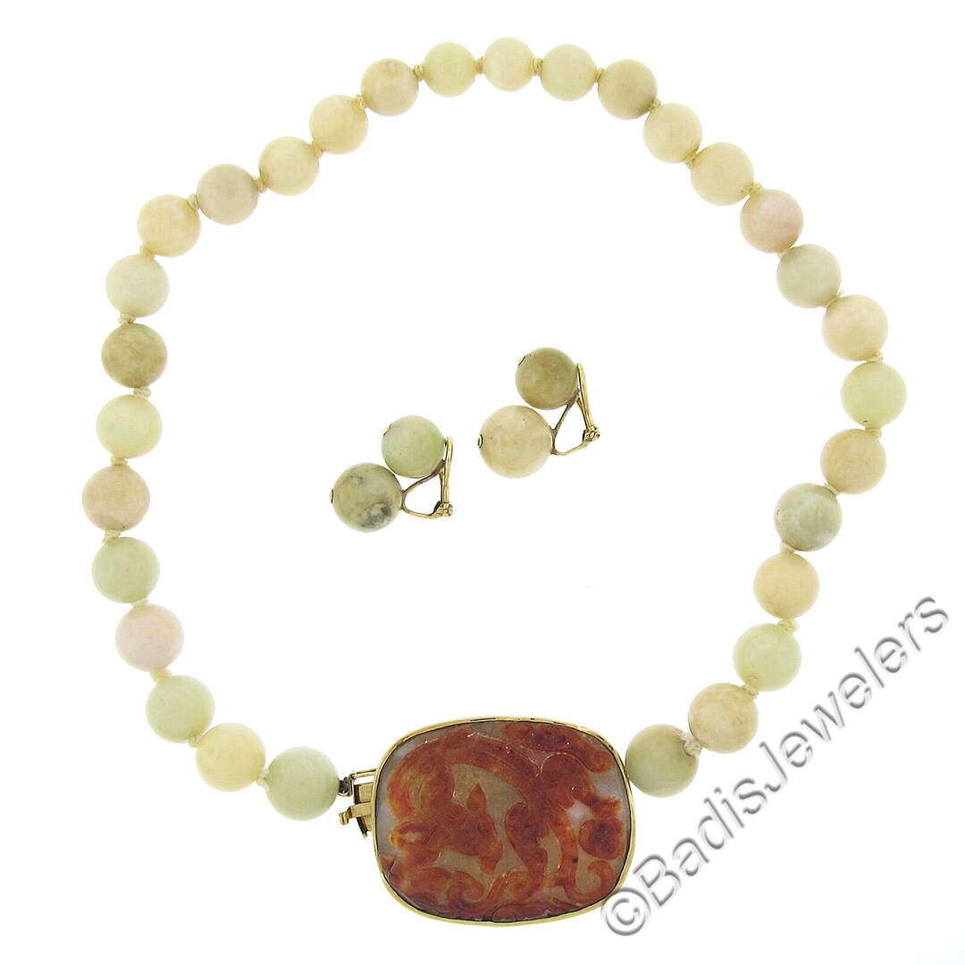 Vintage 14k Yellow Gold GIA Graded Jade Carved & Bead Necklace W ...