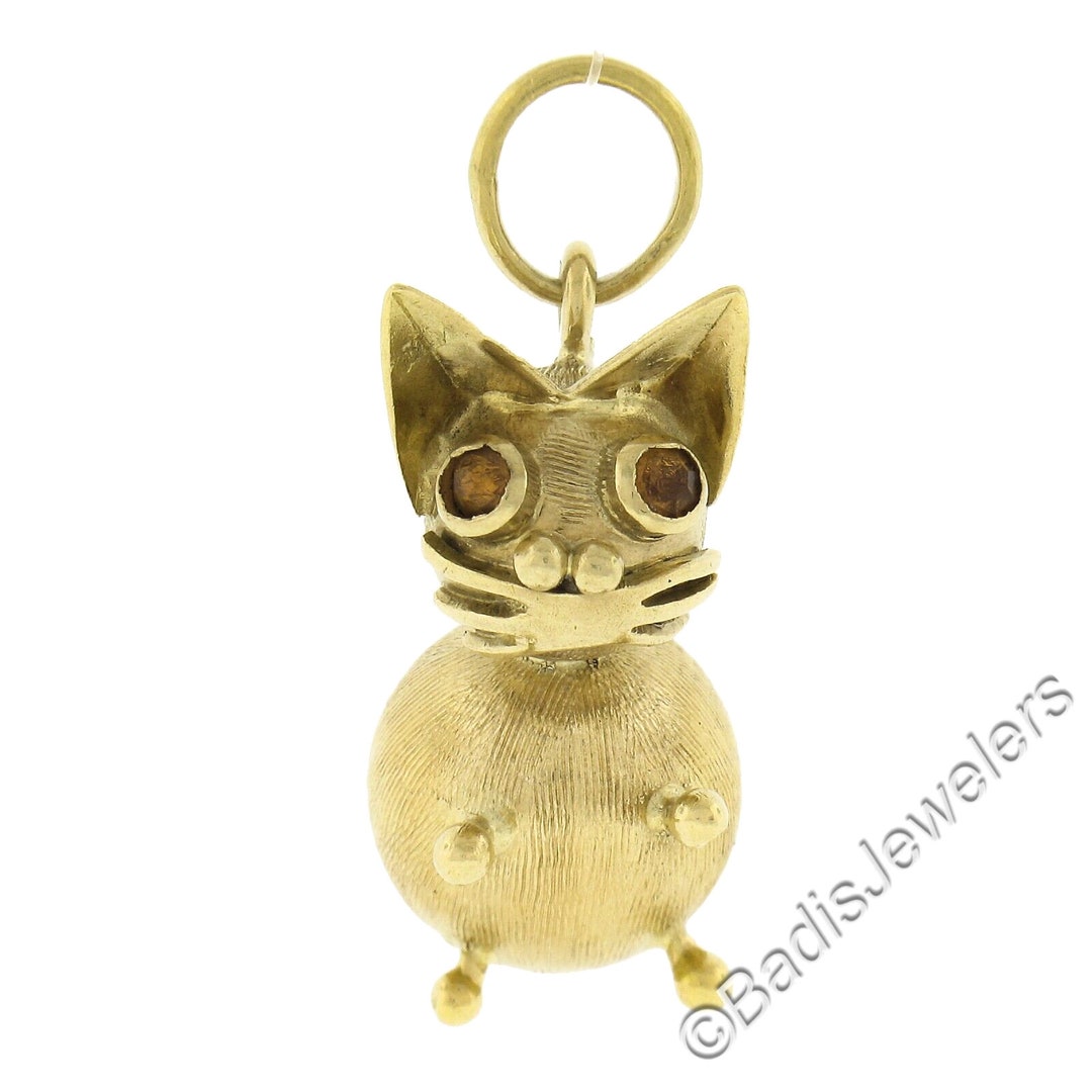 Solid 18K Yellow Gold 3D Textured Cat Kitten W/ Round Bezel Citrine ...