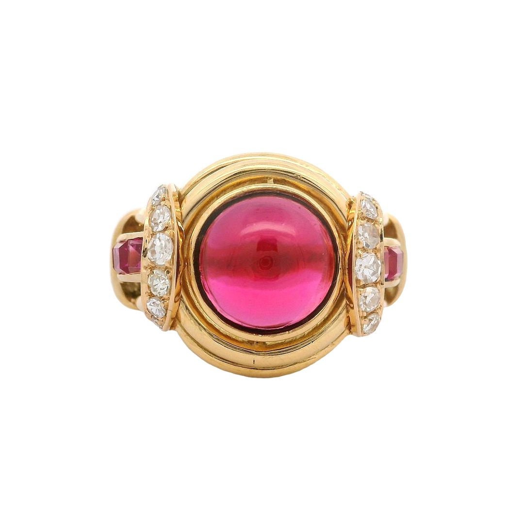 Vintage Retro 18k Yellow Gold Concentric Synthetic Ruby W Diamond ...