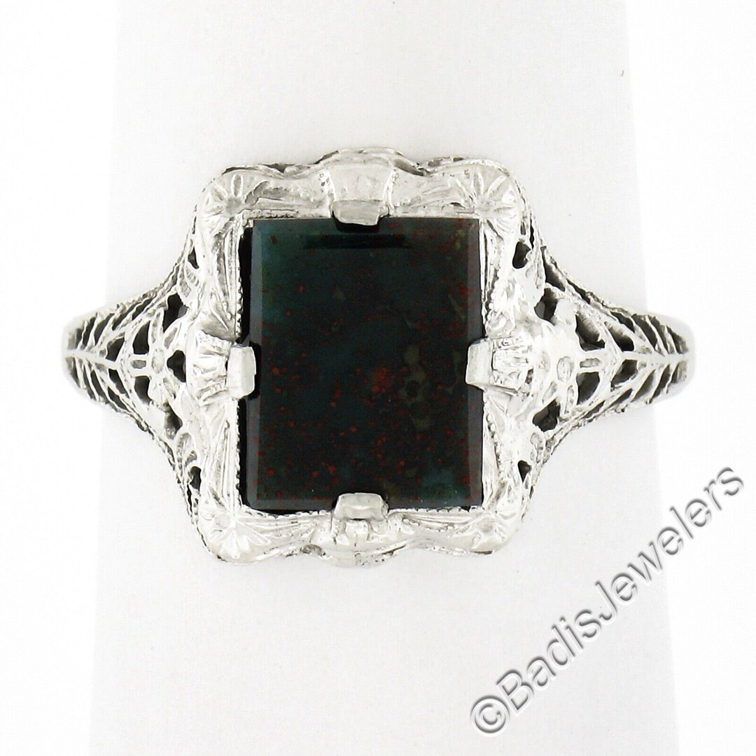 Antique Art Deco 14k White Gold Rectangular Cut Prong Set Bloodstone ...
