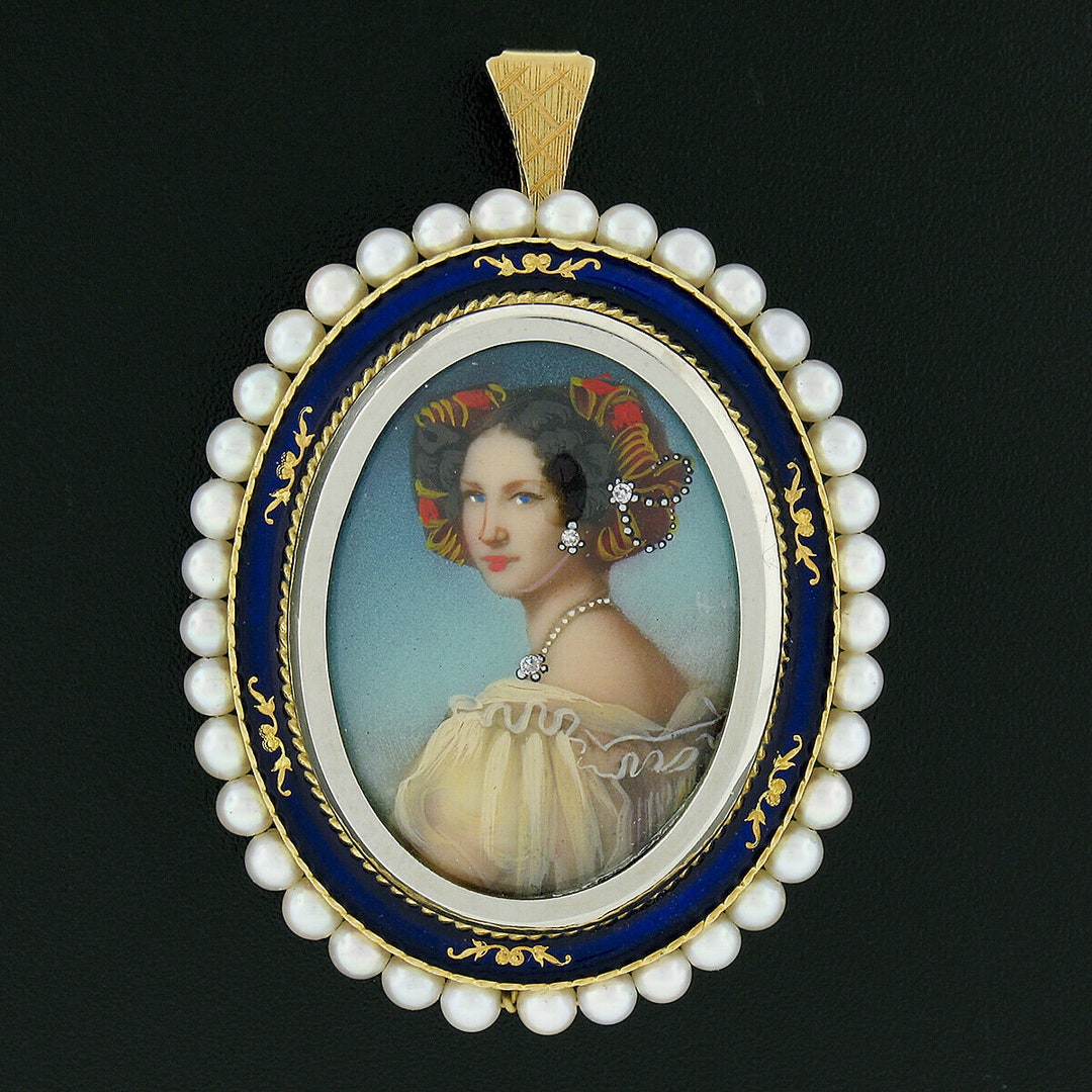 Vintage 18k Two Tone Gold Oval Hand Painted Portrait W/ 0.05ctw Old ...