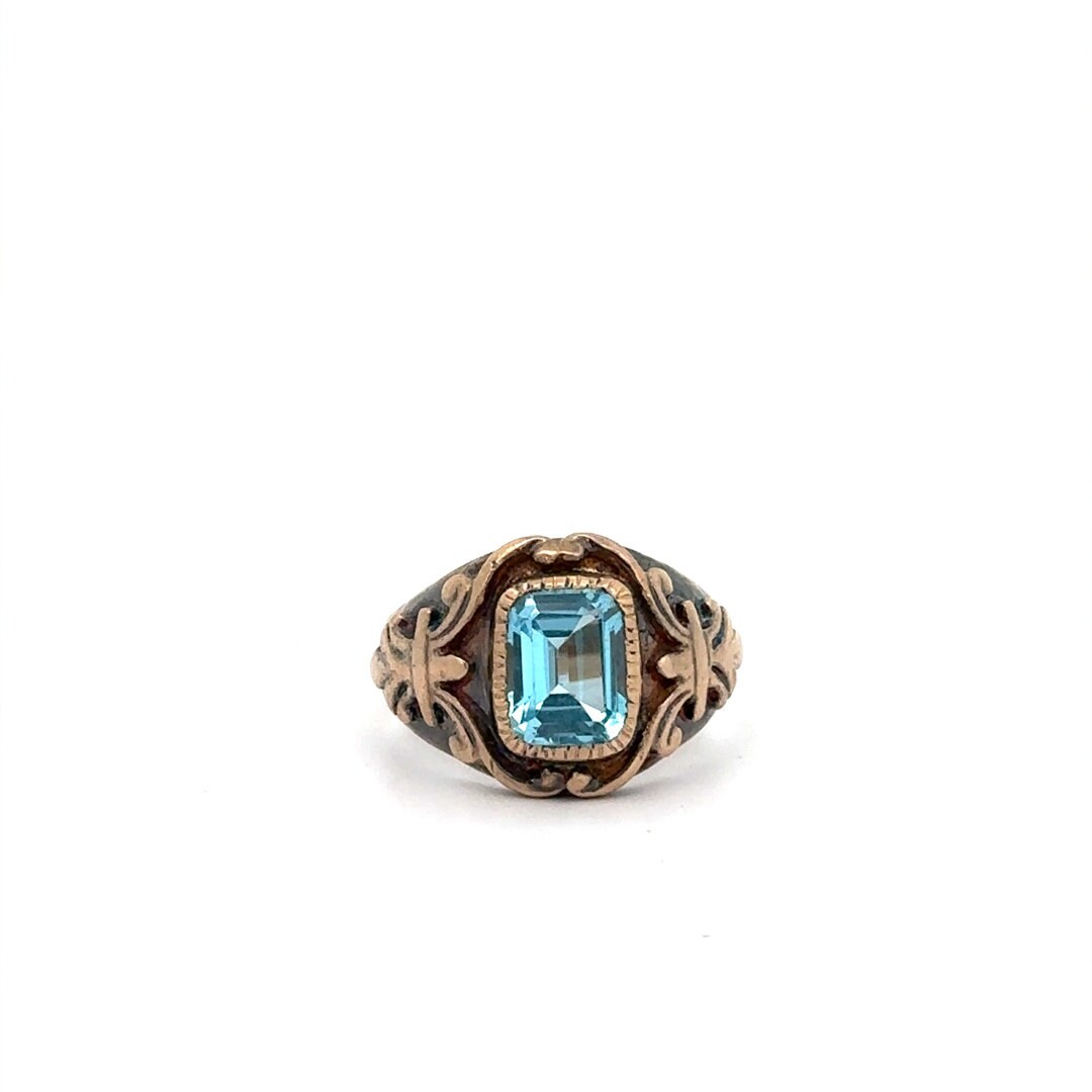 Vintage 10k Gold Emerald Cut Blue Topaz Fleur De Lis Scroll Work Cocktail Ring W/ Heavy Patina ...