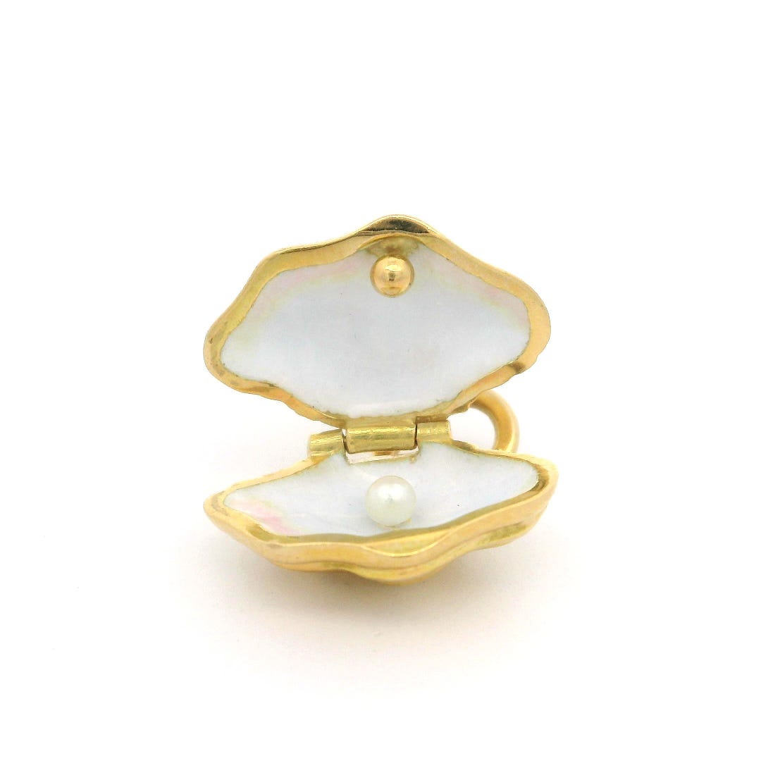 Tiffany & Co. 18k Yellow Gold Enamel Pearl Open Seashell Oyster Charm ...