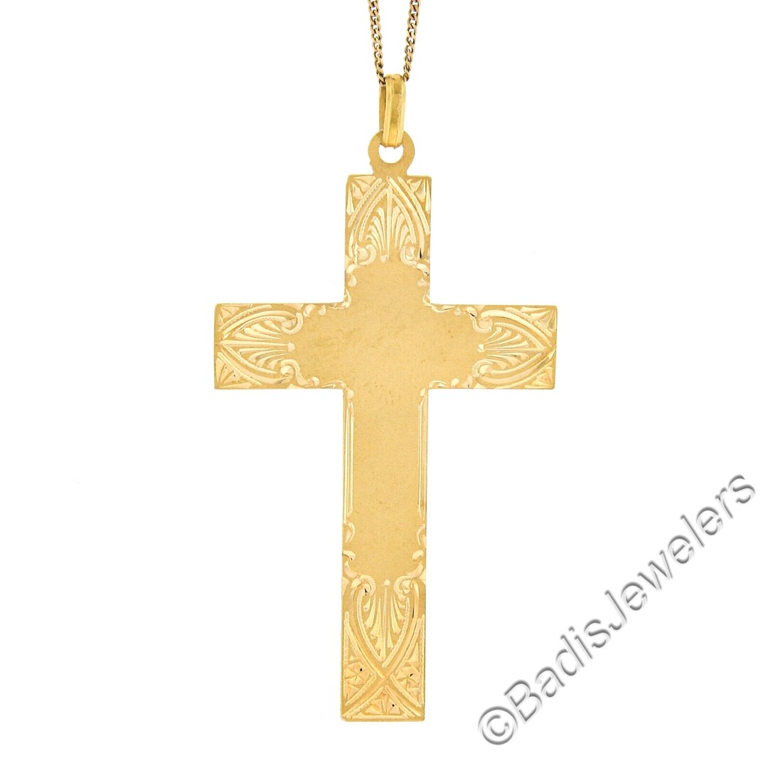 Vintage 18k Yellow Gold Large Hand Engraved Matte Finish Flat Cross ...