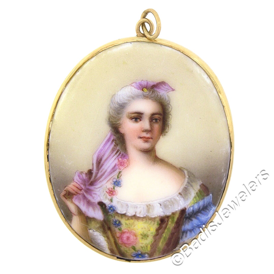 LARGE Antique Oval Hand Painted Portrait in a Solid 14K Yellow Gold ...