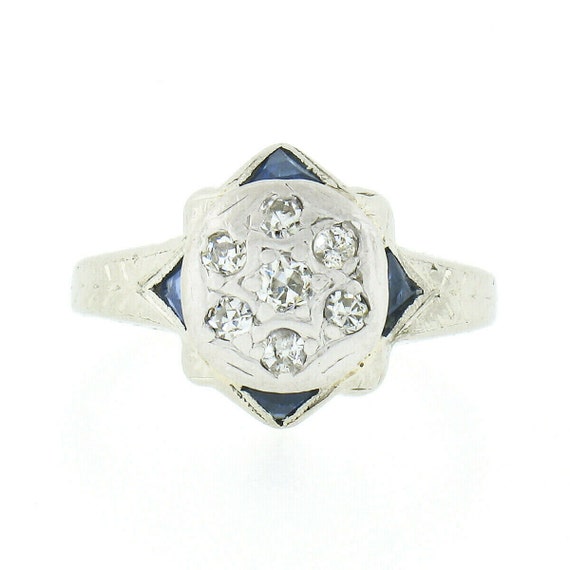 Antique Art Deco 20K White Gold 0.54ctw Old Single Diamond Cluster Sapphire Etched Work Ring With Original Finish and Patina Preserved Etsy