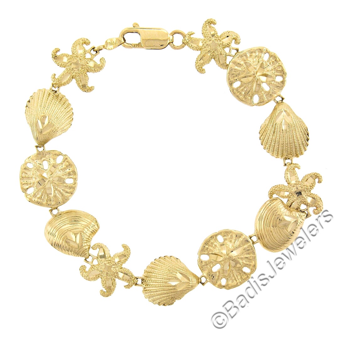 14k Yellow Gold 3D Textured Diamond Cut Star Fish, Sea Shell & Sand ...