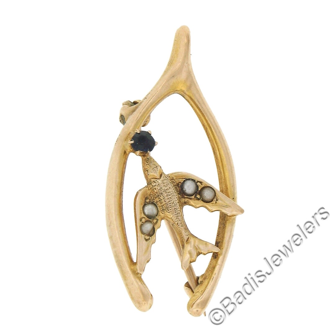 Antique 10k Yellow Gold Wishbone & Bird Swallow Brooch Pin W/ Seed ...