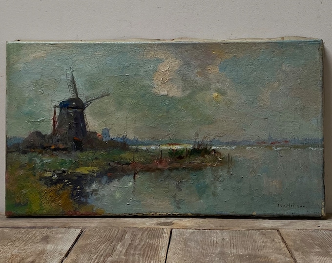 Moody Windmill Landscape Oil Painting, Dutch Lake Oil Painting ...