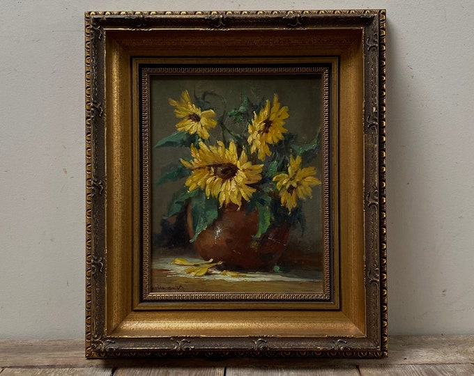 Antique Sunflowers Oil Painting, Antique Dark Still Life Oil Painting ...