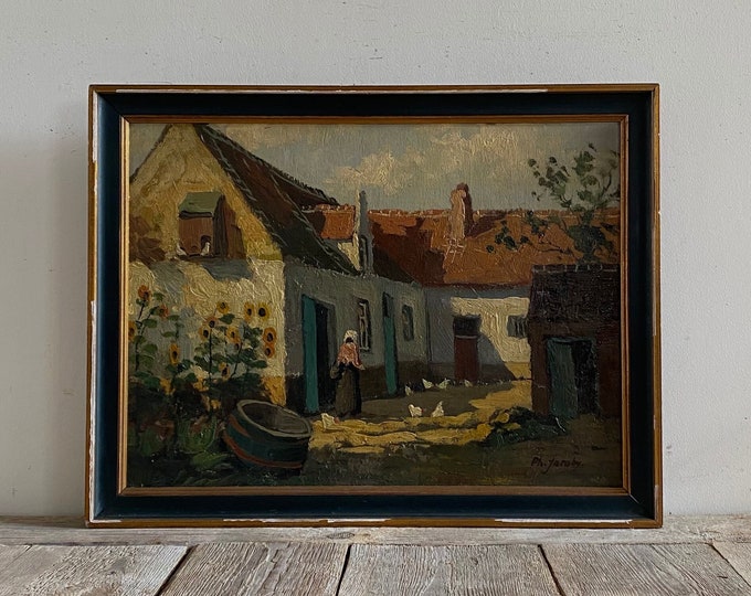 Antique Simple Life Oil Painting, Antique Lady Feeding Chickens ...