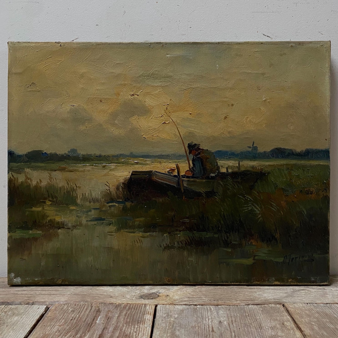 Antique Dutch Fisherman Oil Painting, Antique Romantic Lake Oil ...