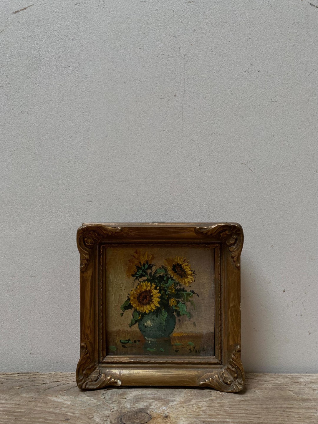 Small Antique Sunflowers Oil Painting, Antique Miniature Oil Painting ...