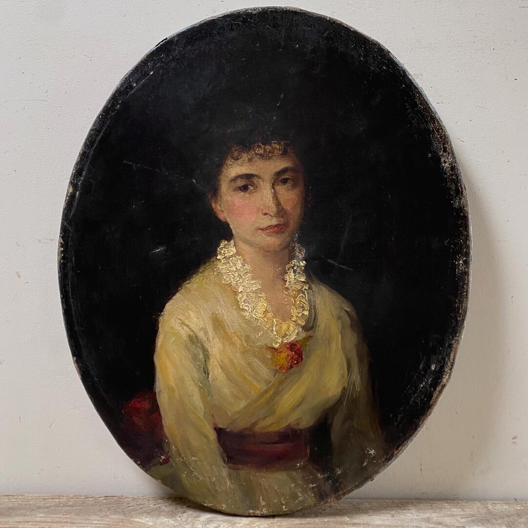 19th Century French Portrait Oil Painting, 1800s French Woman Oil Painting, Antique Oval Oil ...