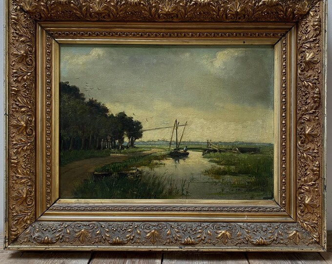 19th Century Moody Landscape Oil Painting, 1800s Dutch Countryside Oil ...