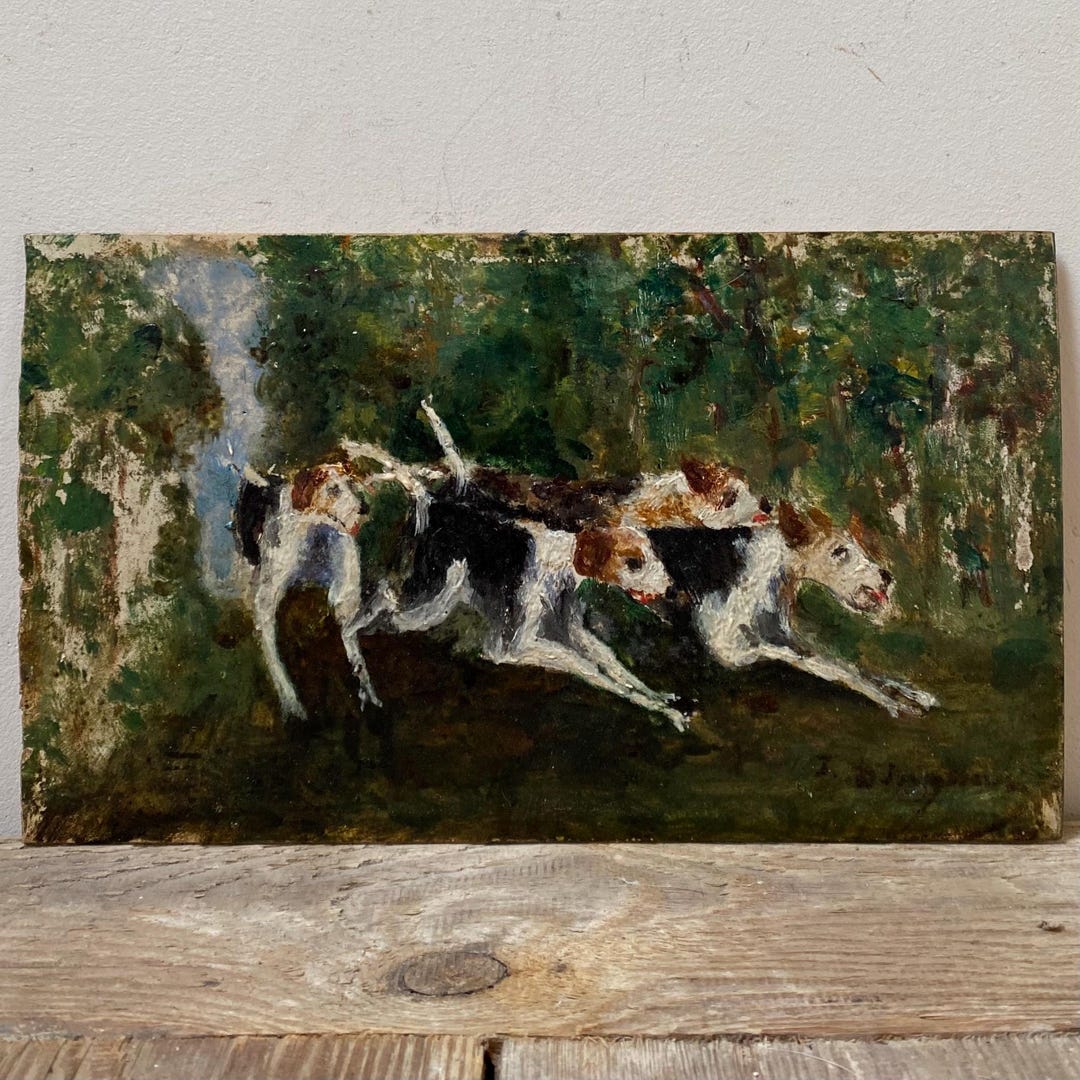 Small French Antique Hounds Oil Painting, Antique Dogs Portrait Oil ...