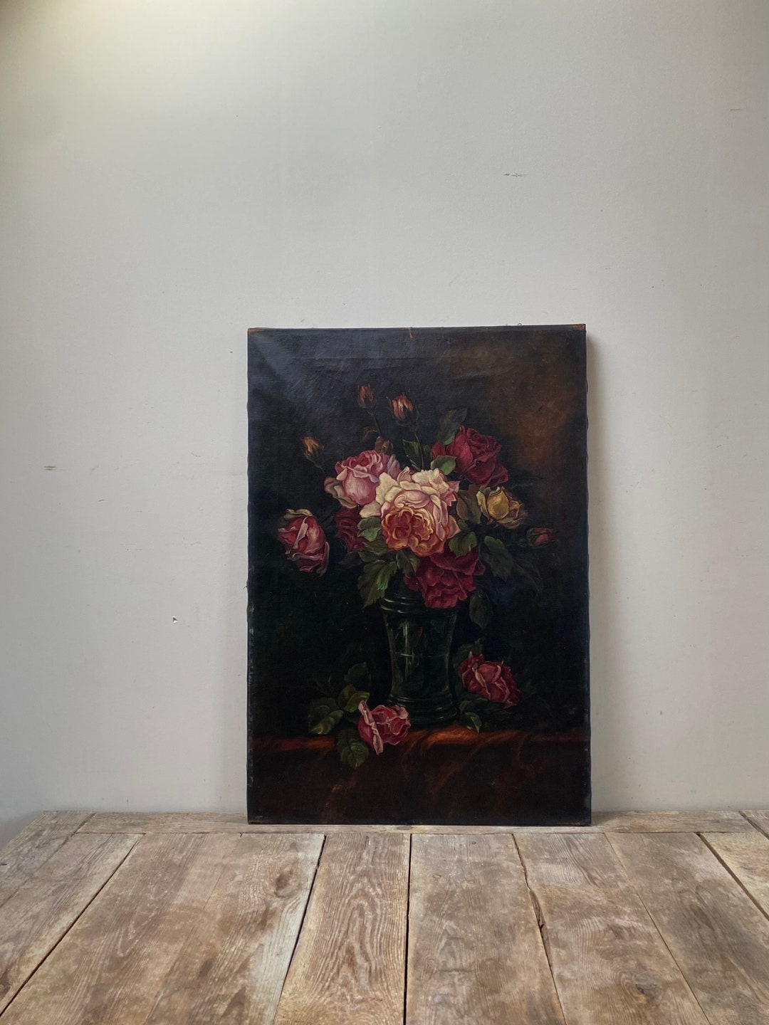 Large 19th Century Pink Roses Oil Painting, 1800s Pink Roses Oil ...