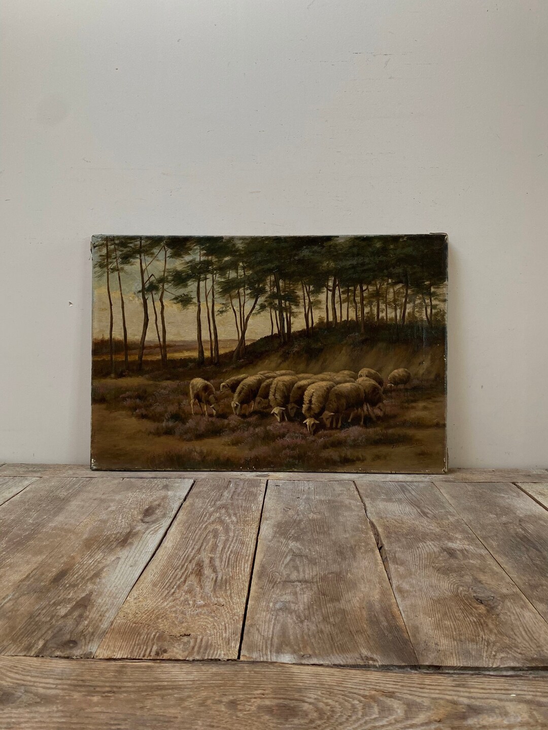 Antique Flock Sheep Oil Painting, Antique Dutch Landscape Oil Painting ...