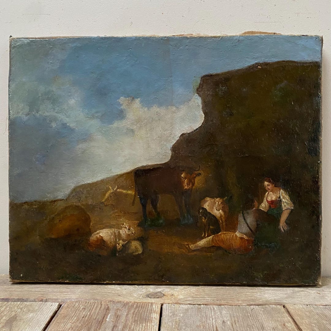 18th Century Young Couple in Love Oil Painting, 1700s Dog Portrait Oil ...