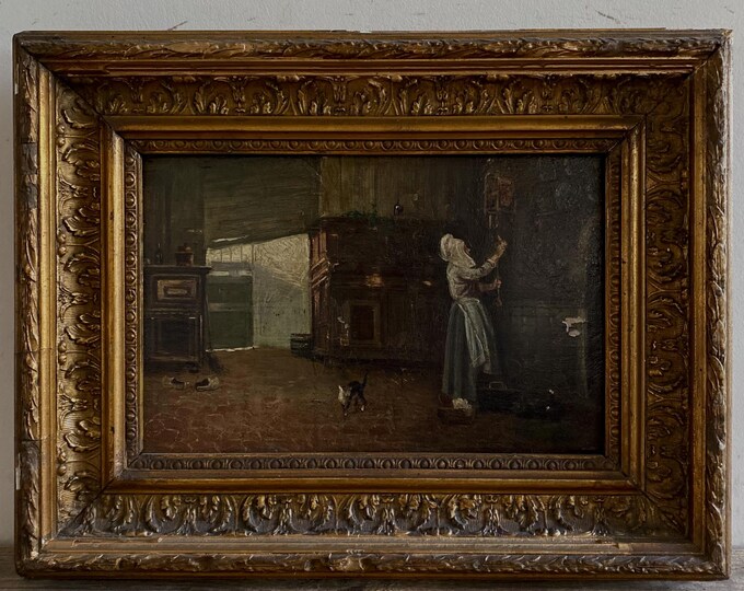 19th Century Portrait Woman Cat Oil Painting, 1800s Living Room ...