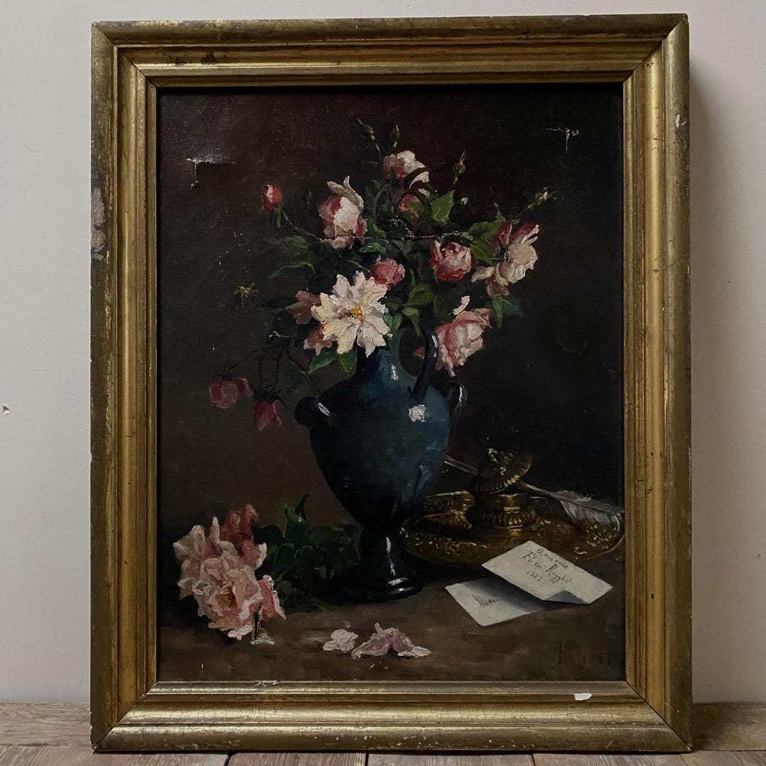 1882 French Roses Oil Painting: Antique Floral Still Life - Etsy