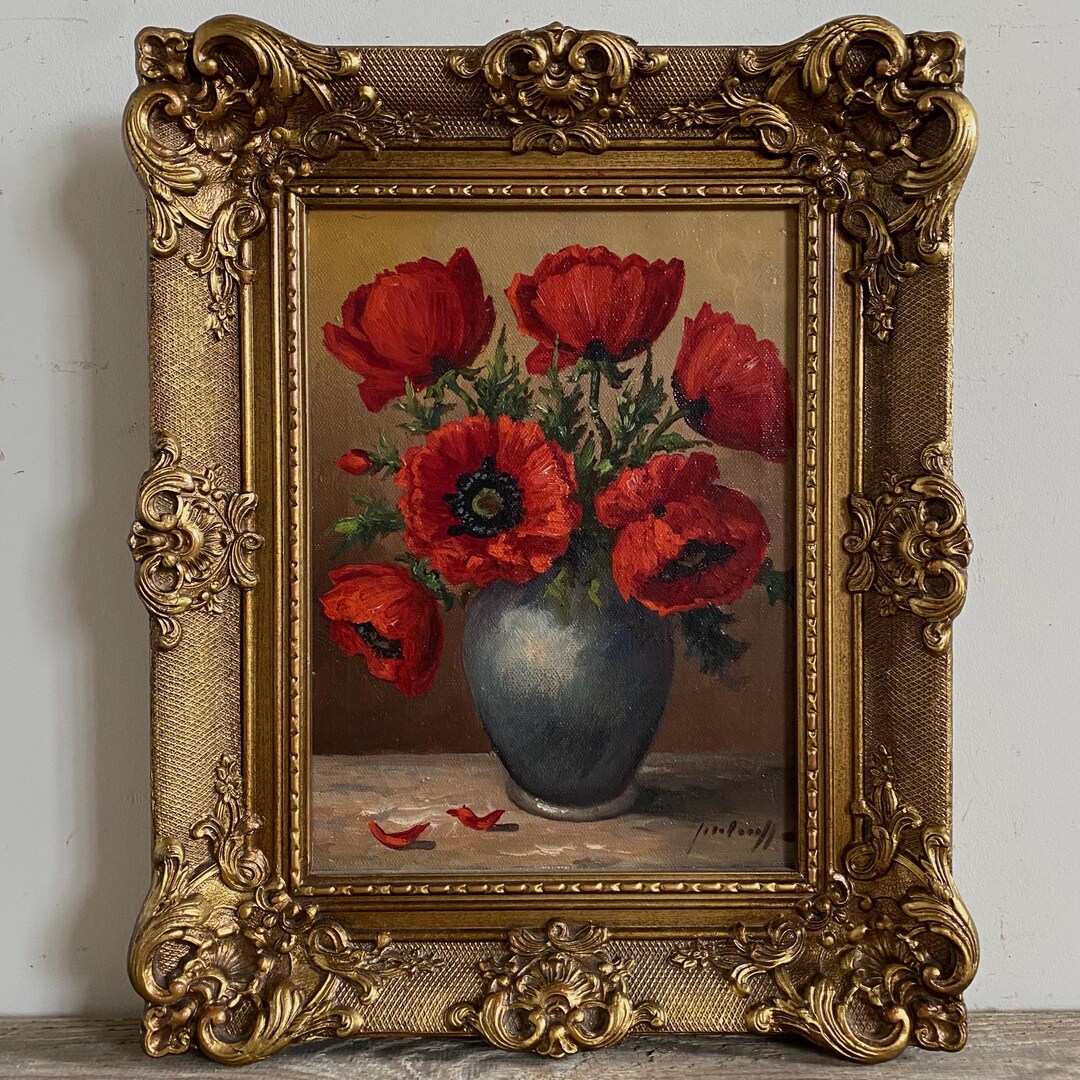 Poppies Still Life Oil Painting, Red Florals Oil Painting, Red Flowers ...