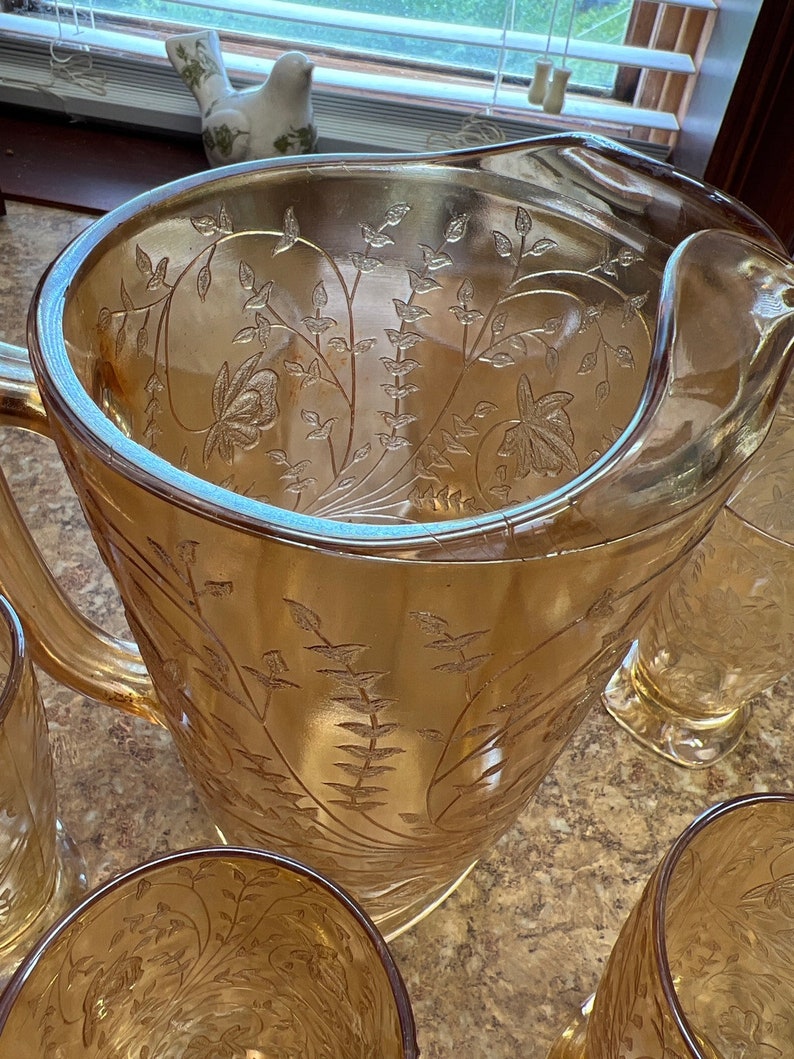 Vintage Jeanette Glass Floragold Depression Glass Pitcher and Tumbler ...