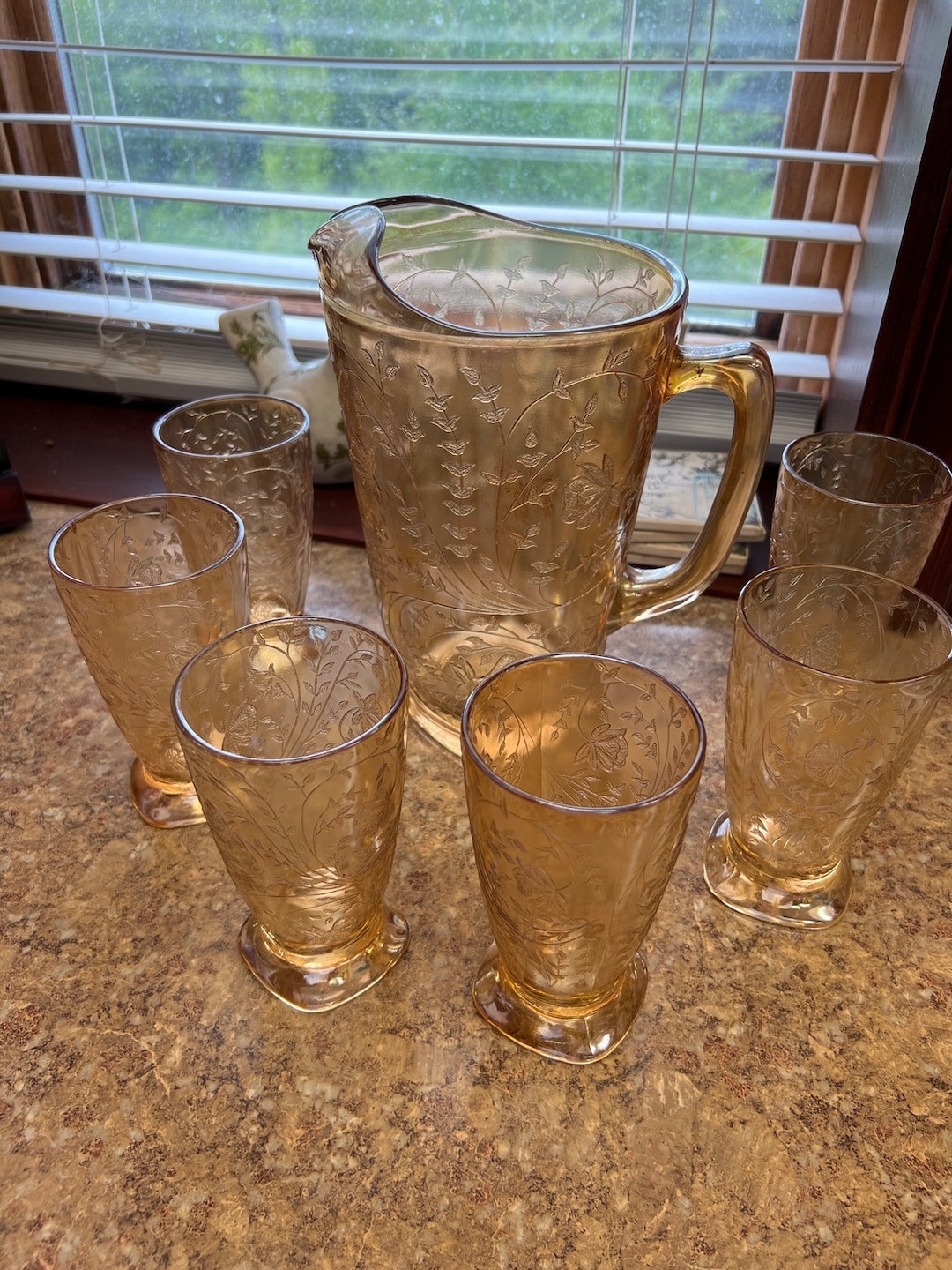 Vintage Jeanette Glass Floragold Depression Glass Pitcher and Tumbler ...