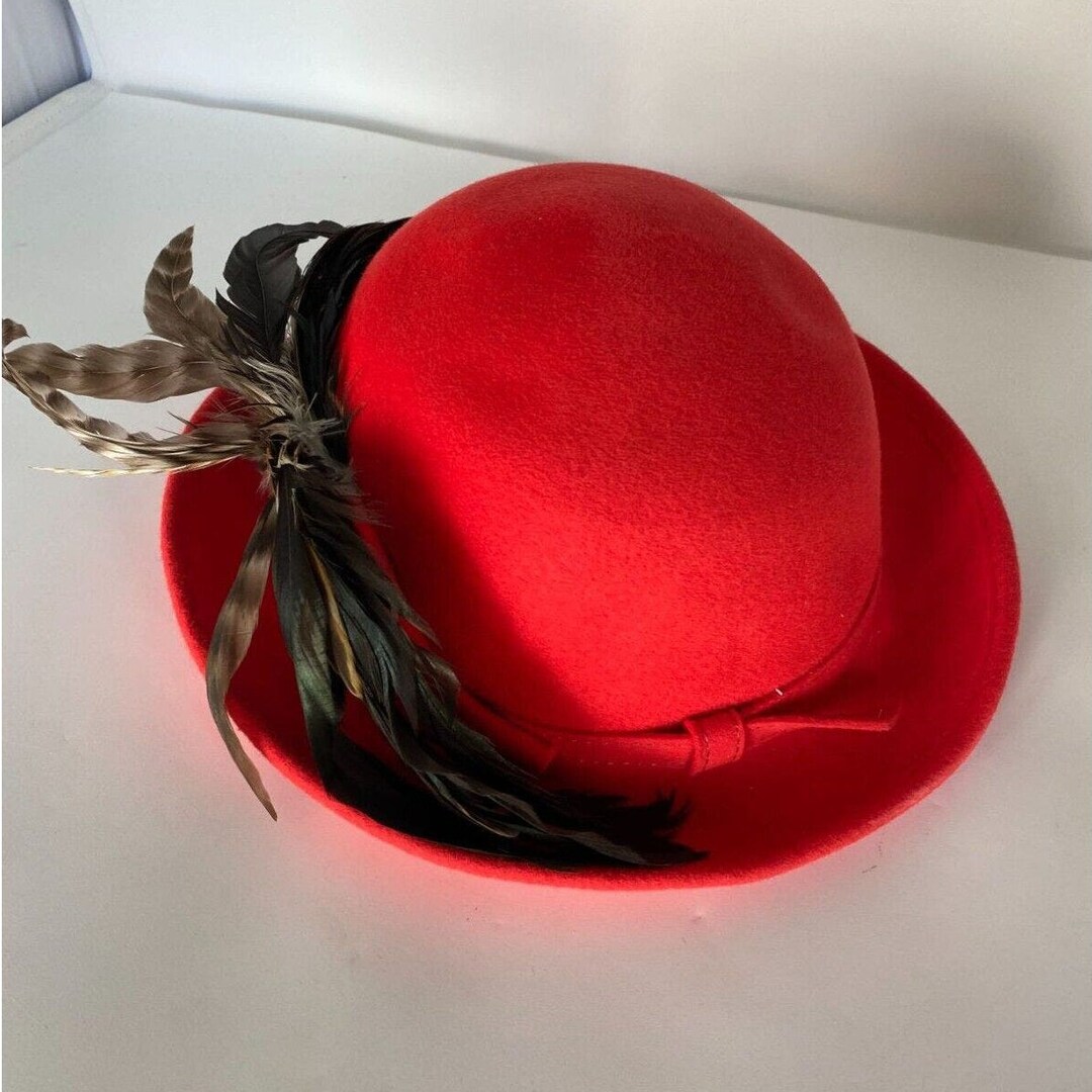 Vintage Mr John Classic Red Derby Hat With Feathers 100% Wool - Etsy
