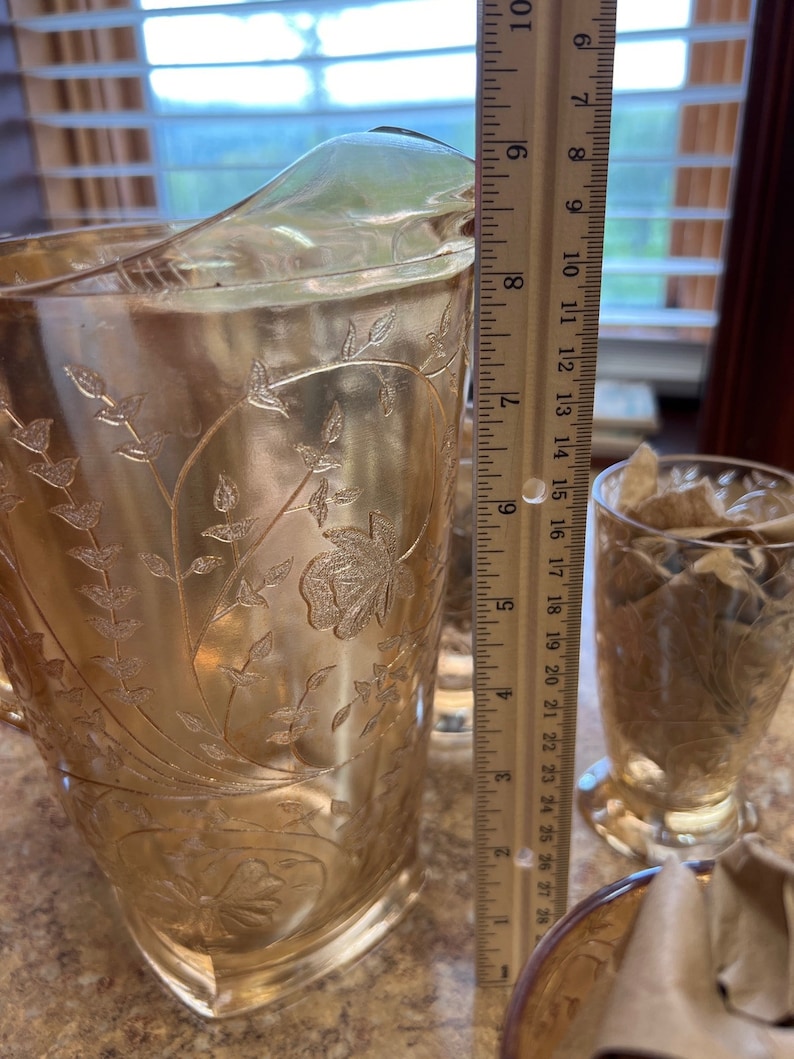 Vintage Jeanette Glass Floragold Depression Glass Pitcher and Tumbler ...