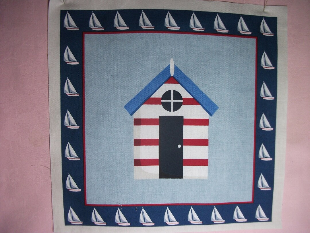 A Makower Fabric Panel of A Beach Hut With A Border of Sailing Boats ...