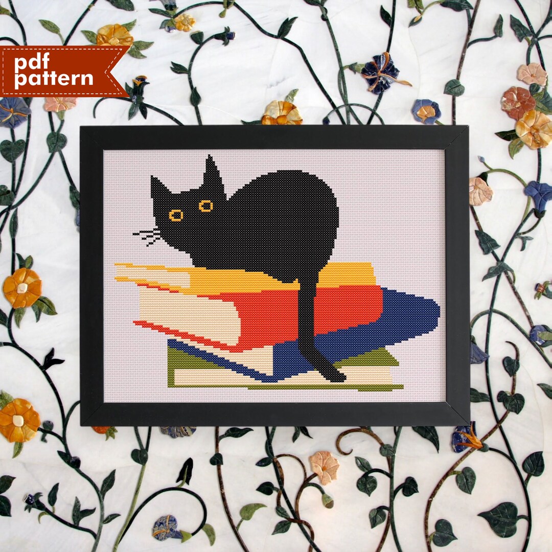 Book Cat Cross Stitch Pattern PDF Embroidery 150x120 Stitch DIY Animal ...