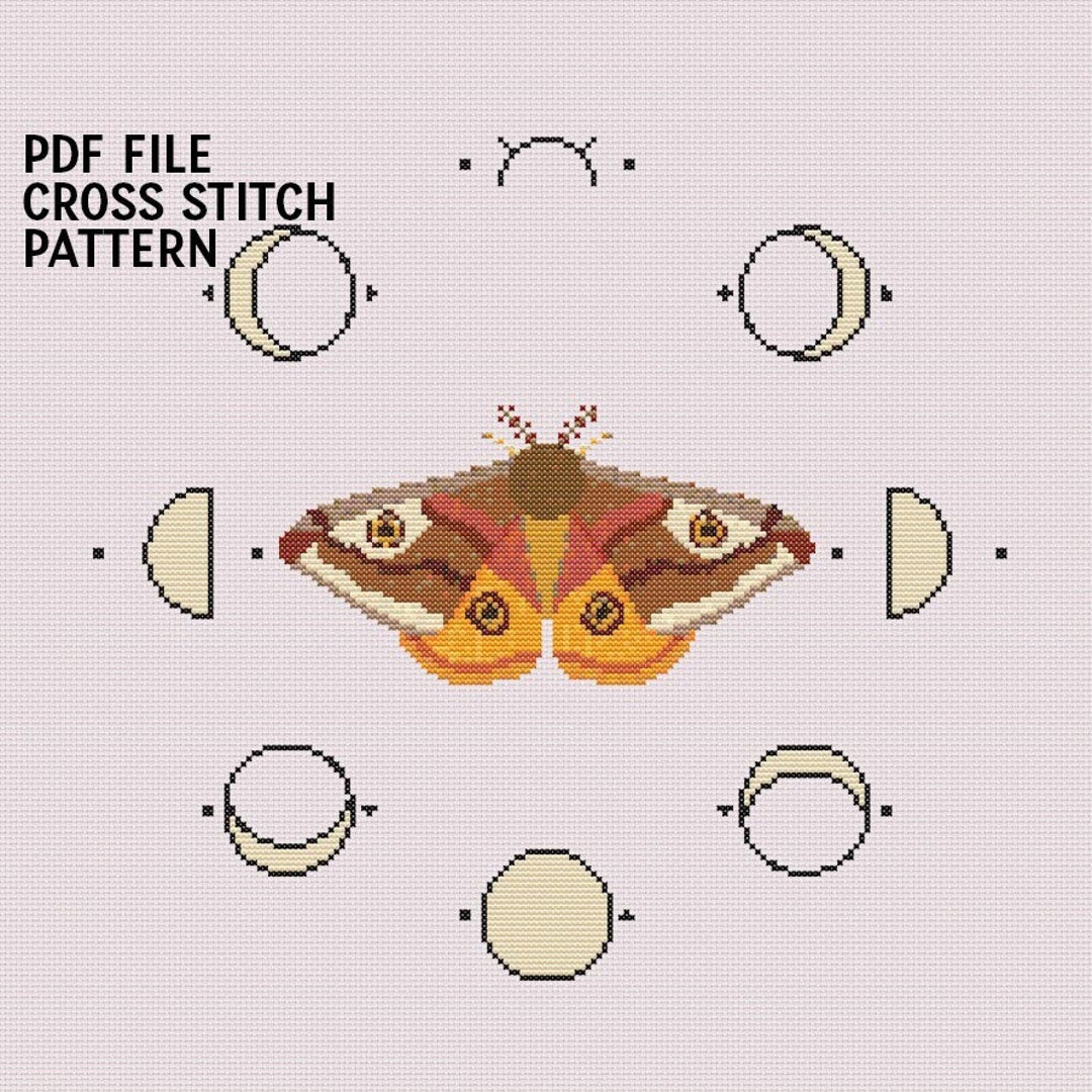 Moon Lunar Phases & Moth Cross Stitch Pattern PDF ONLY Nature Embroidery Pattern 200x200 Stitch ...