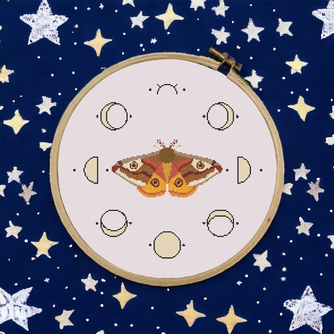 Moon Lunar Phases & Moth Cross Stitch Pattern PDF ONLY Nature Embroidery Pattern 200x200 Stitch ...