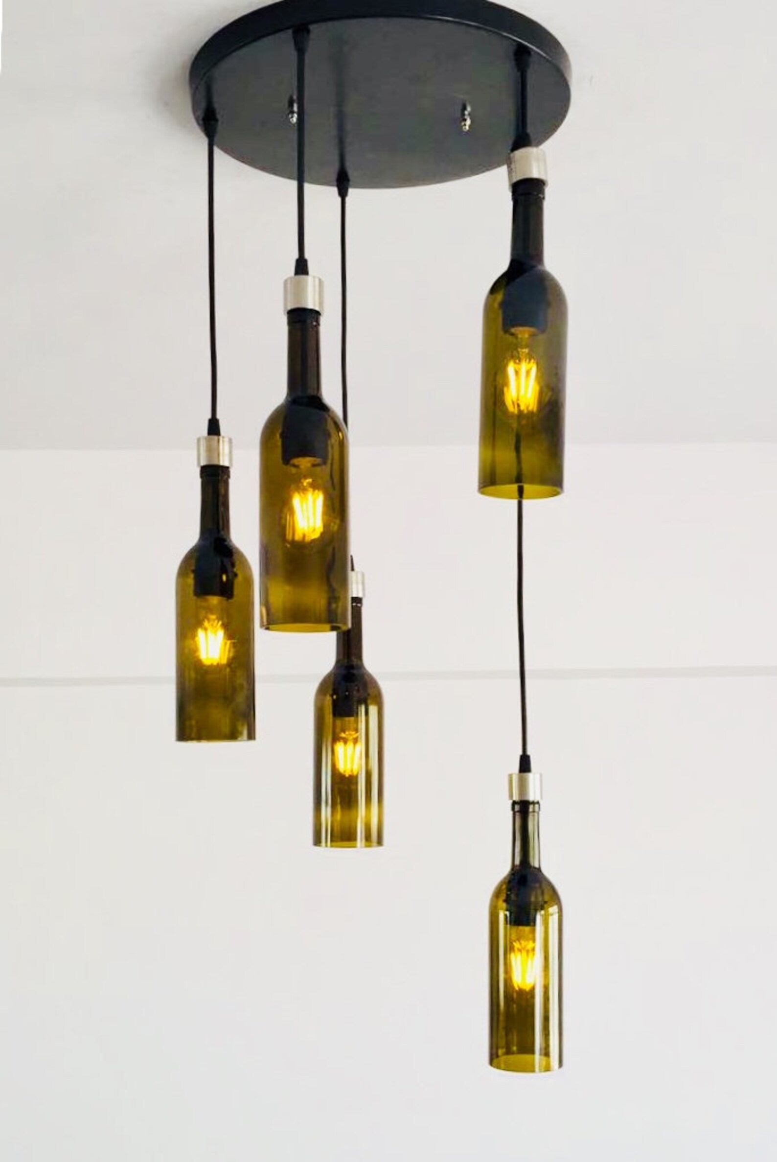 WINE BOTTLE Industrial Pendant Light Fixture - Chandelier Made From 5 ...