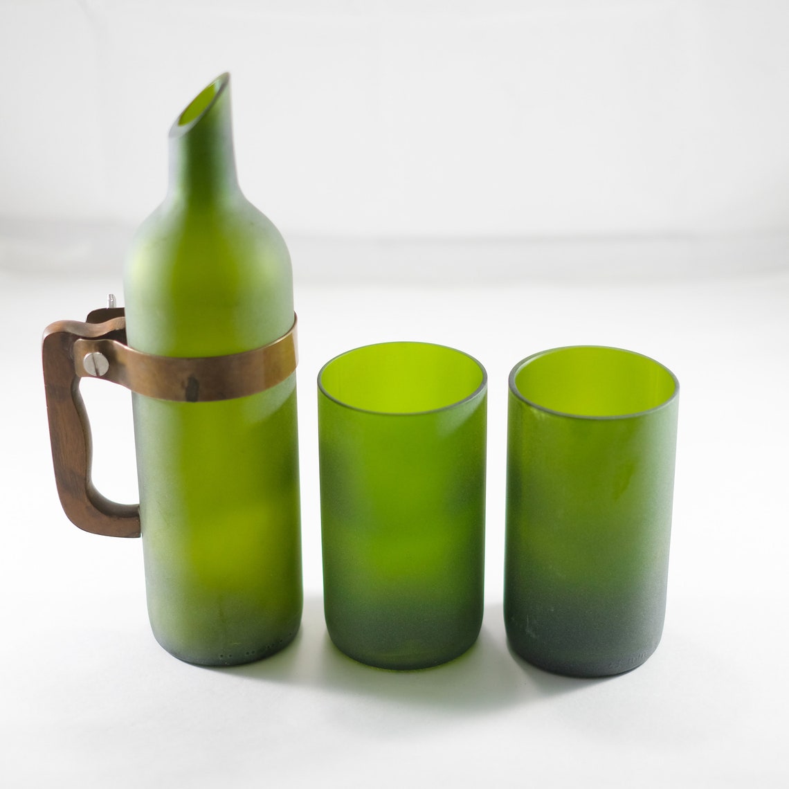 GREEN BOTTLE Water Flask Up-cycled FROSTED Jug Set With 12 - Etsy