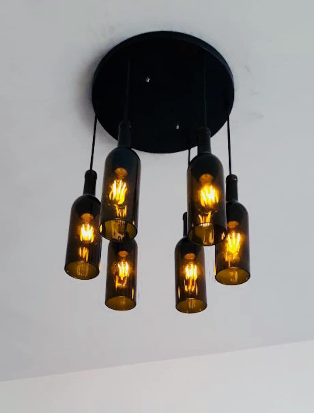 WINE BOTTLE INDUSTRIAL Light Fixture - Chandelier Made From 6 Bottles ...