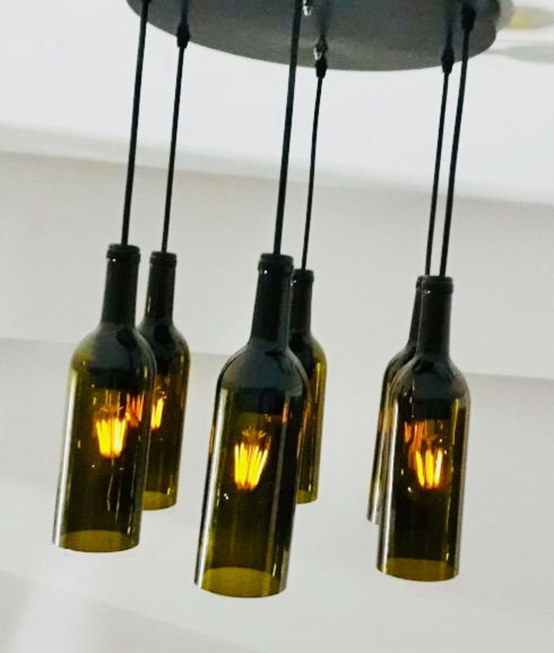 WINE BOTTLE INDUSTRIAL Light Fixture - Chandelier Made From 6 Bottles ...
