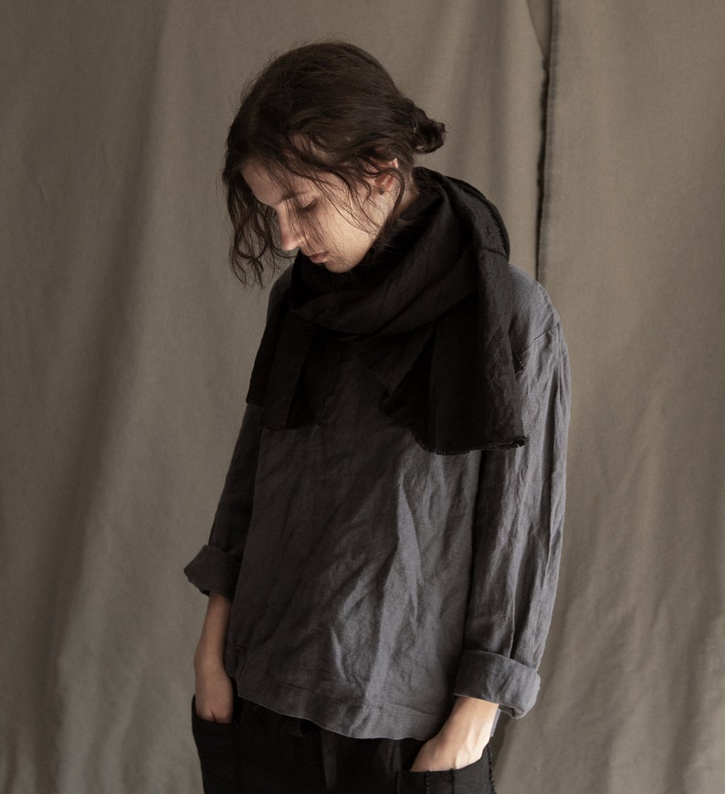 Black Linen Scarf Patched Linen Shawl Boro Linen Scarf Long - Etsy